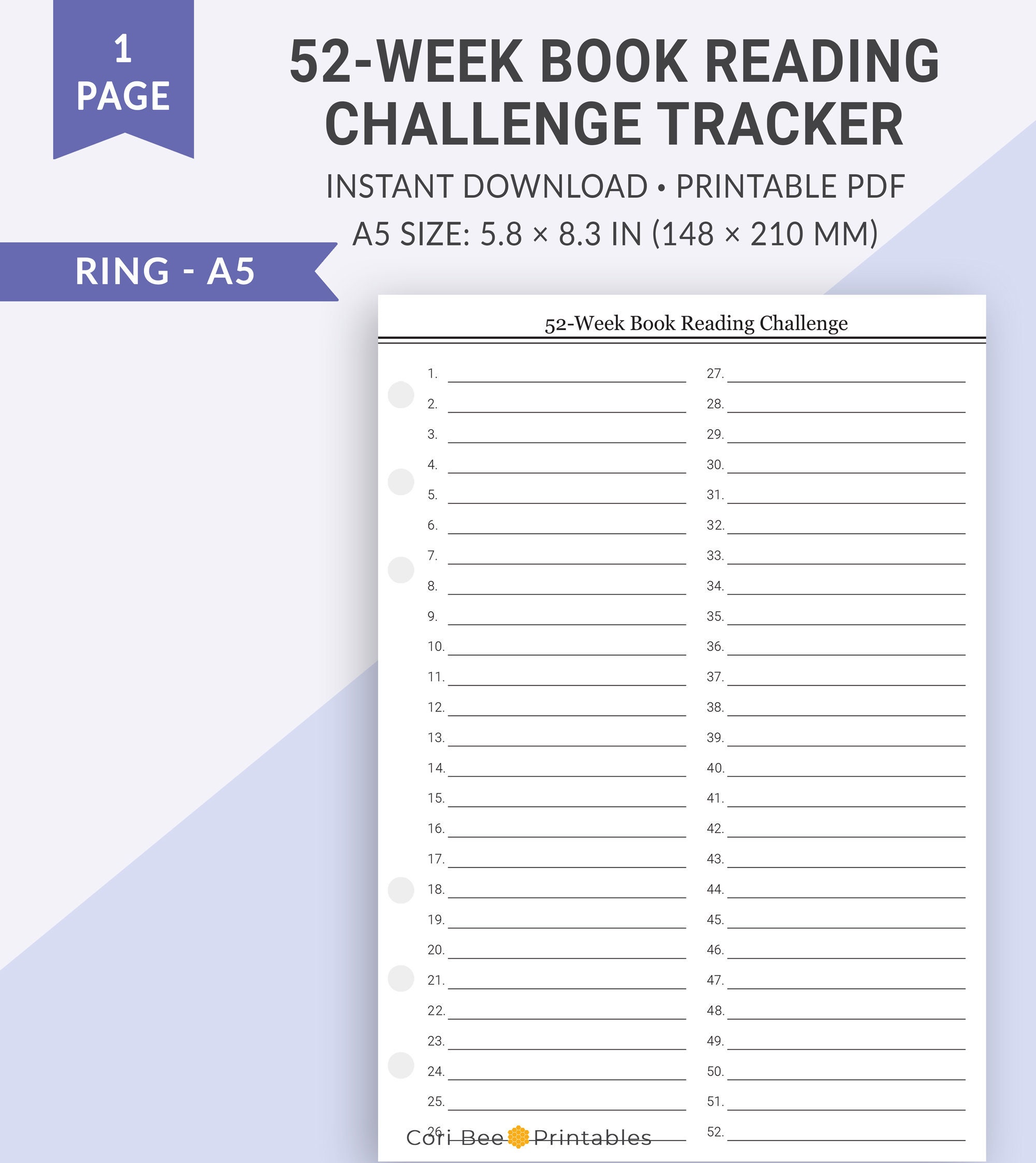 A5 Reading Challenge Tracker, 52 Week Reading Tracker, Reading Planner ...