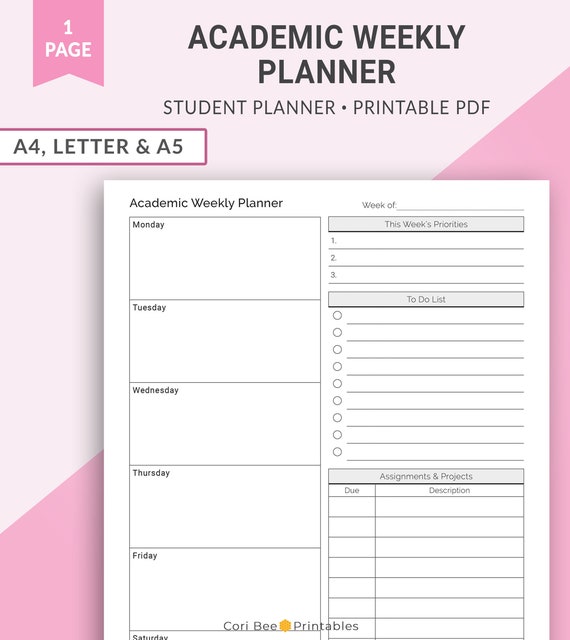 Academic Weekly Planner Student Planner School Planner Exam | Etsy