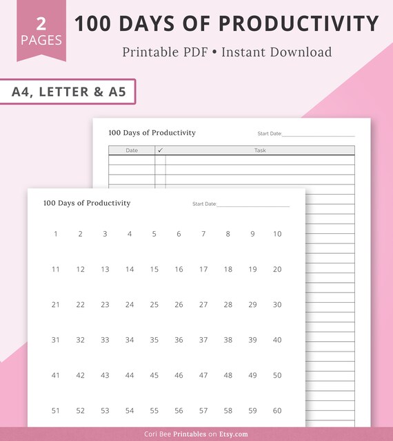 100 Days of Productivity Printable 100 Days Tracker 100 Days | Etsy