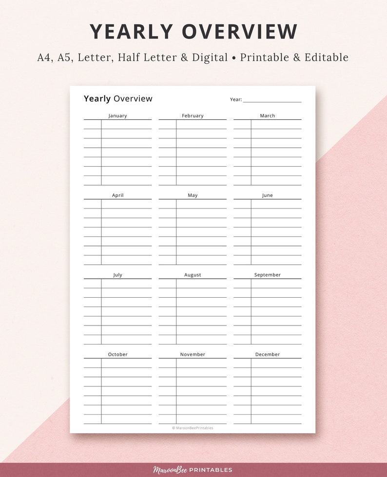 Editable Yearly Overview Yearly Goals Checklist Planner - Etsy