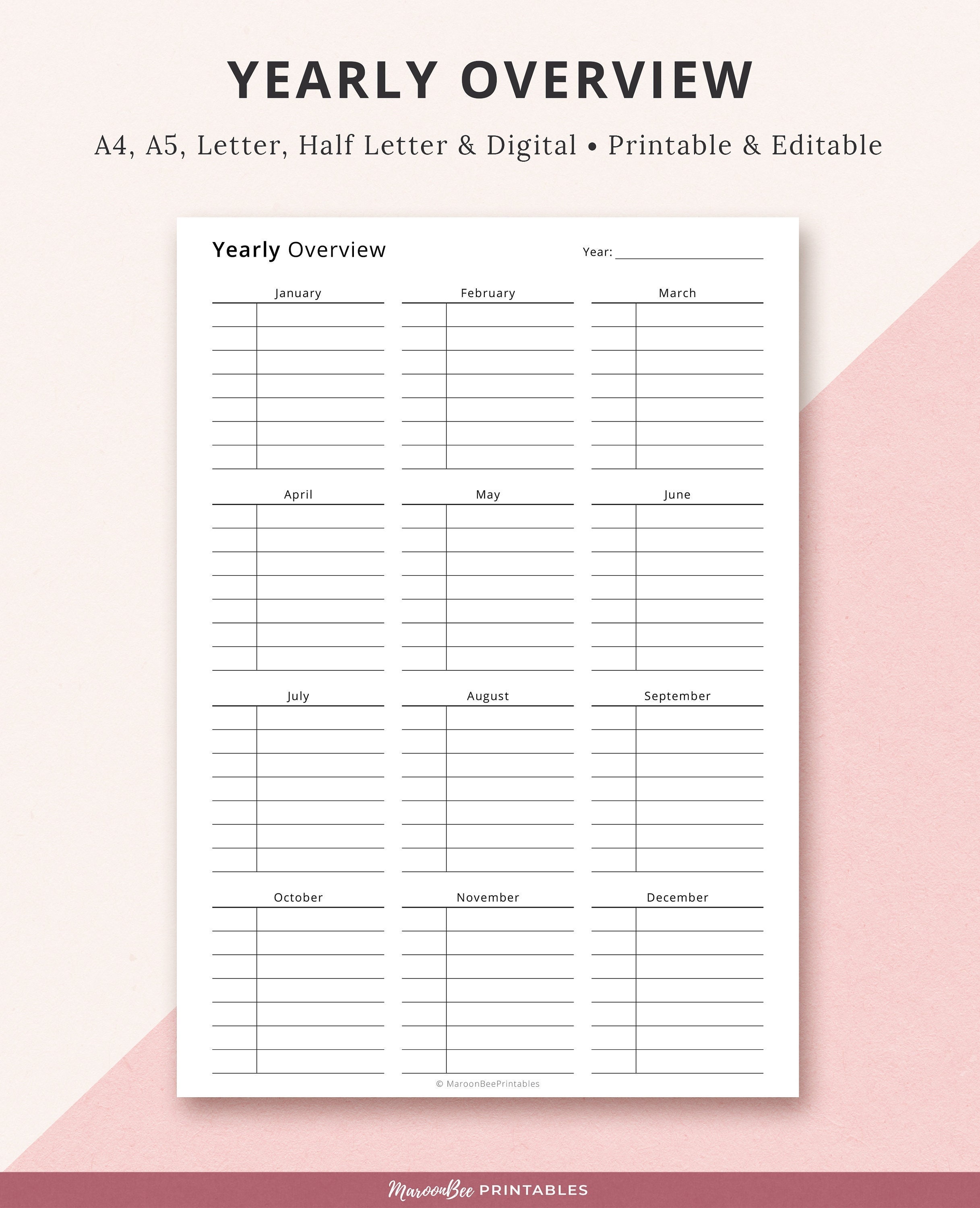 Editable Yearly Overview Yearly Goals Checklist Planner - Etsy