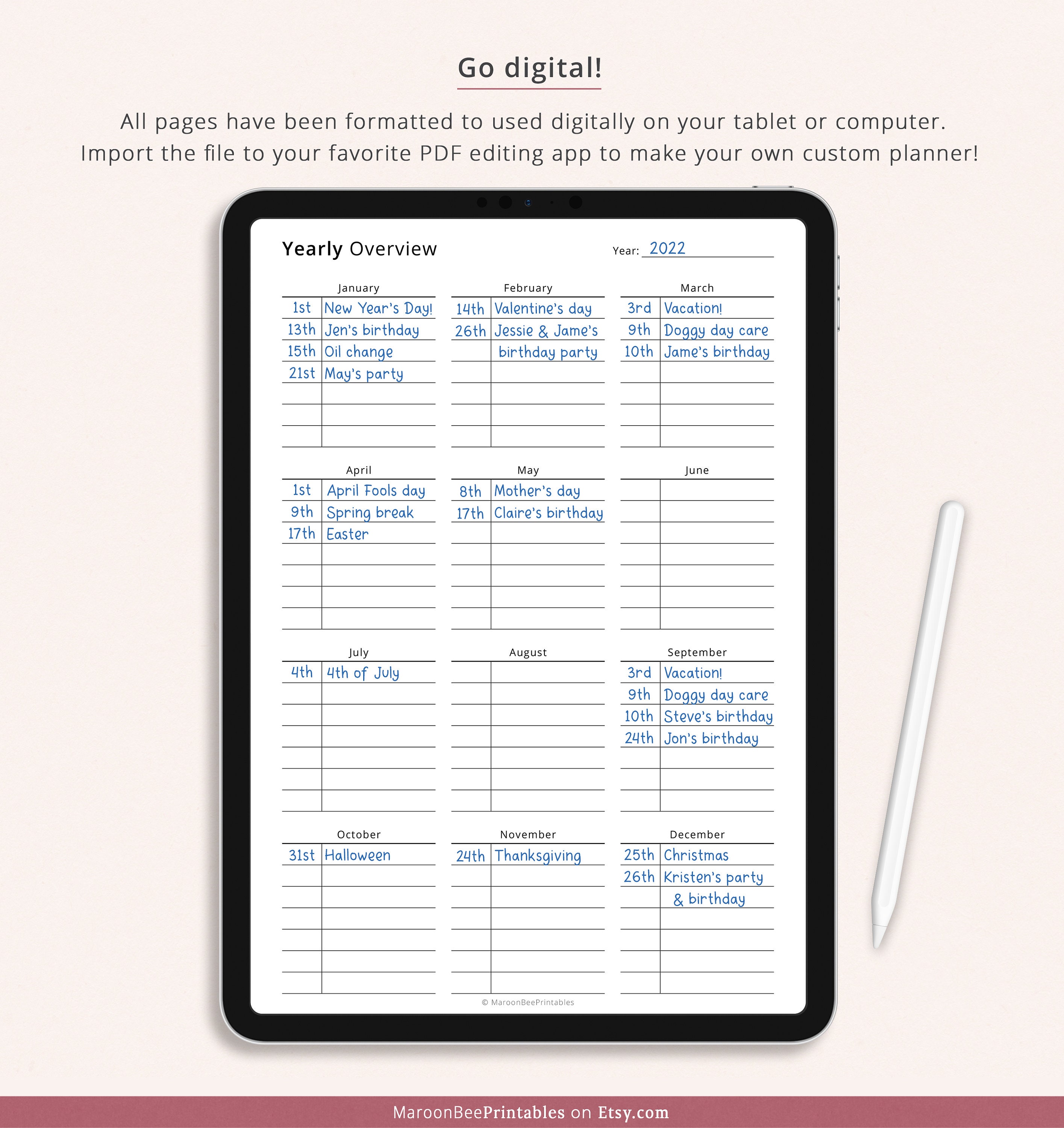 Editable Yearly Overview Yearly Goals Checklist Planner - Etsy