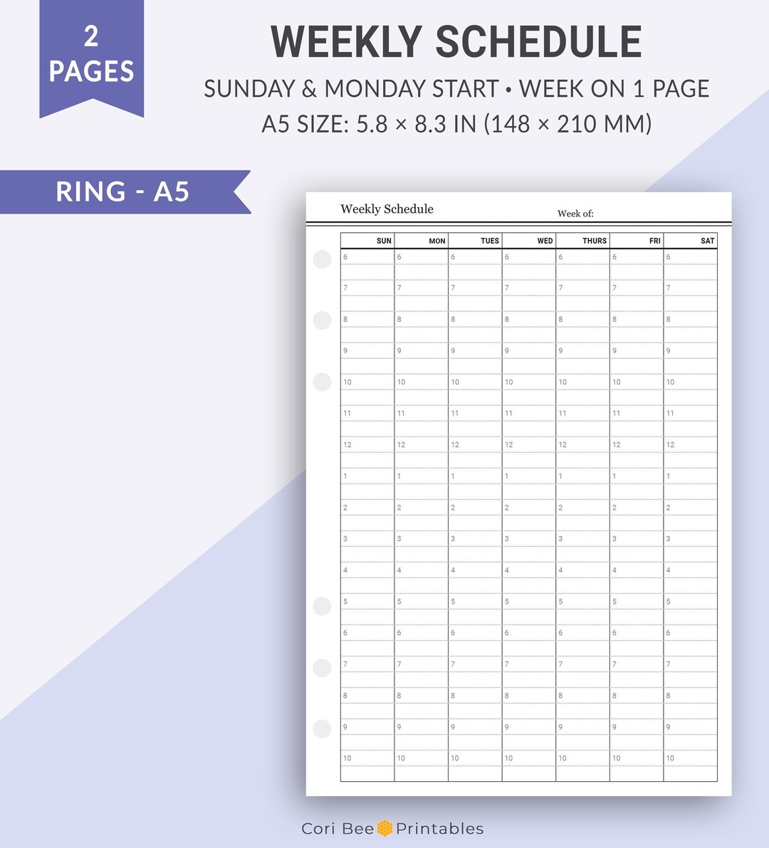A5 Weekly Schedule Planner Printable, Undated Weekly Inserts, Monday ...