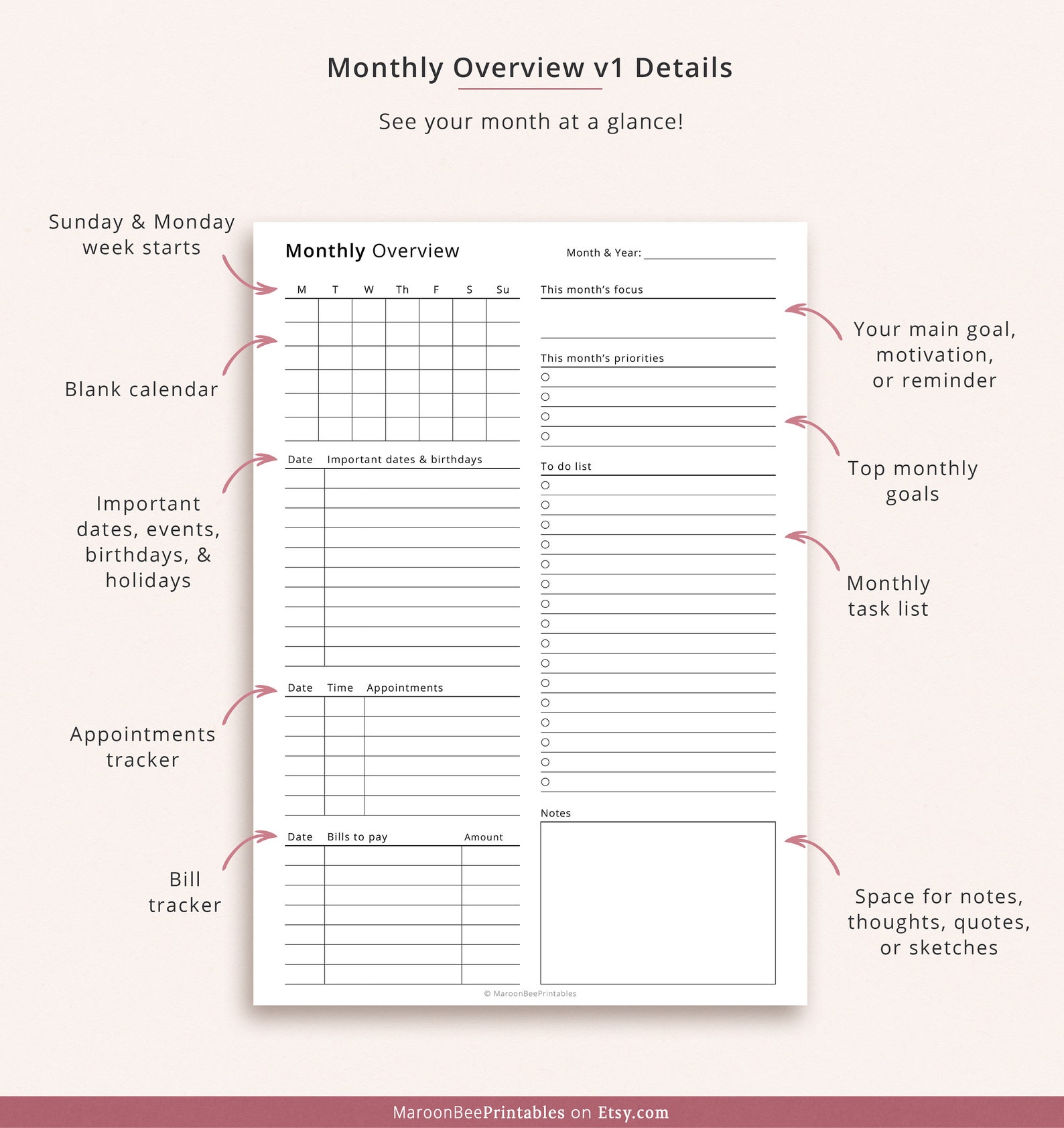 Editable Monthly Overview Printable Template Month at a - Etsy