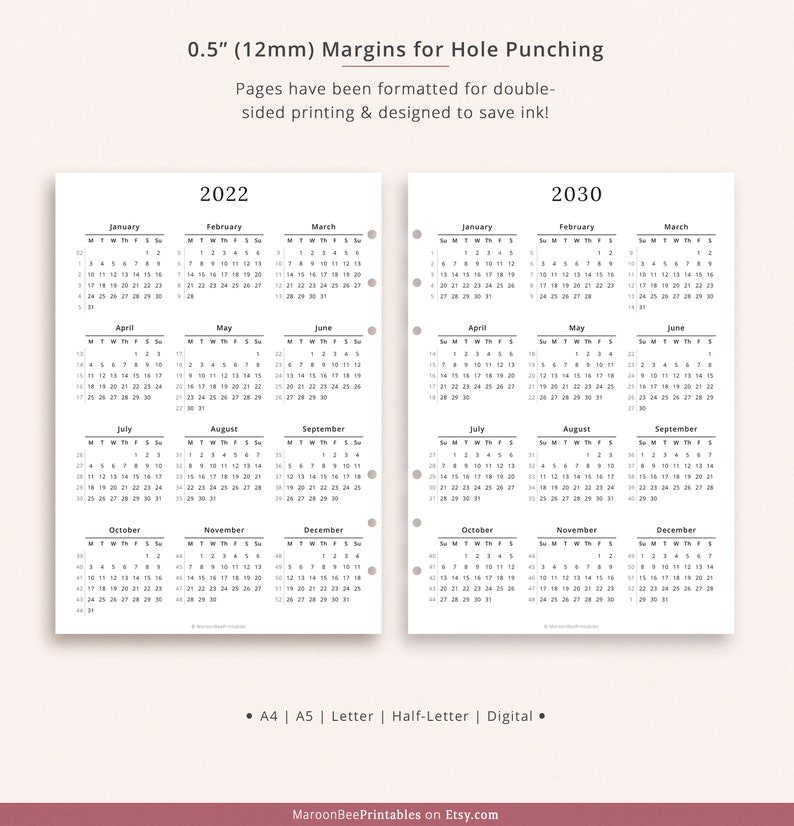 2022-2030 Numbered Weeks Yearly Calendar, 2022 Printable Calendar ...