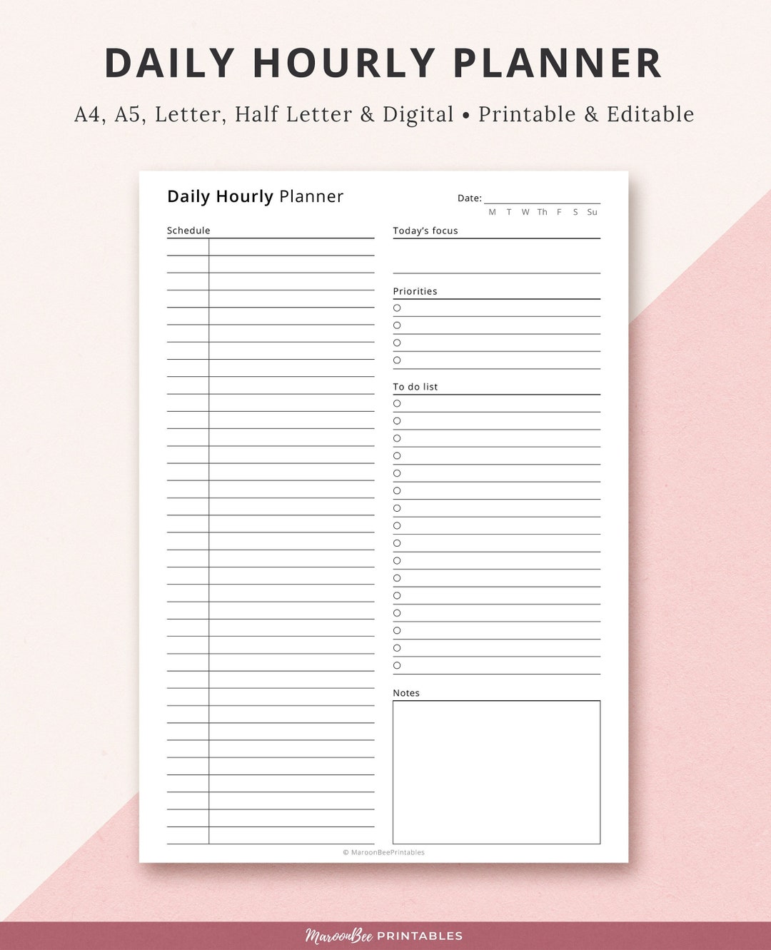 Editable Daily Hourly Planner, Fillable Undated Daily Planner, Daily ...