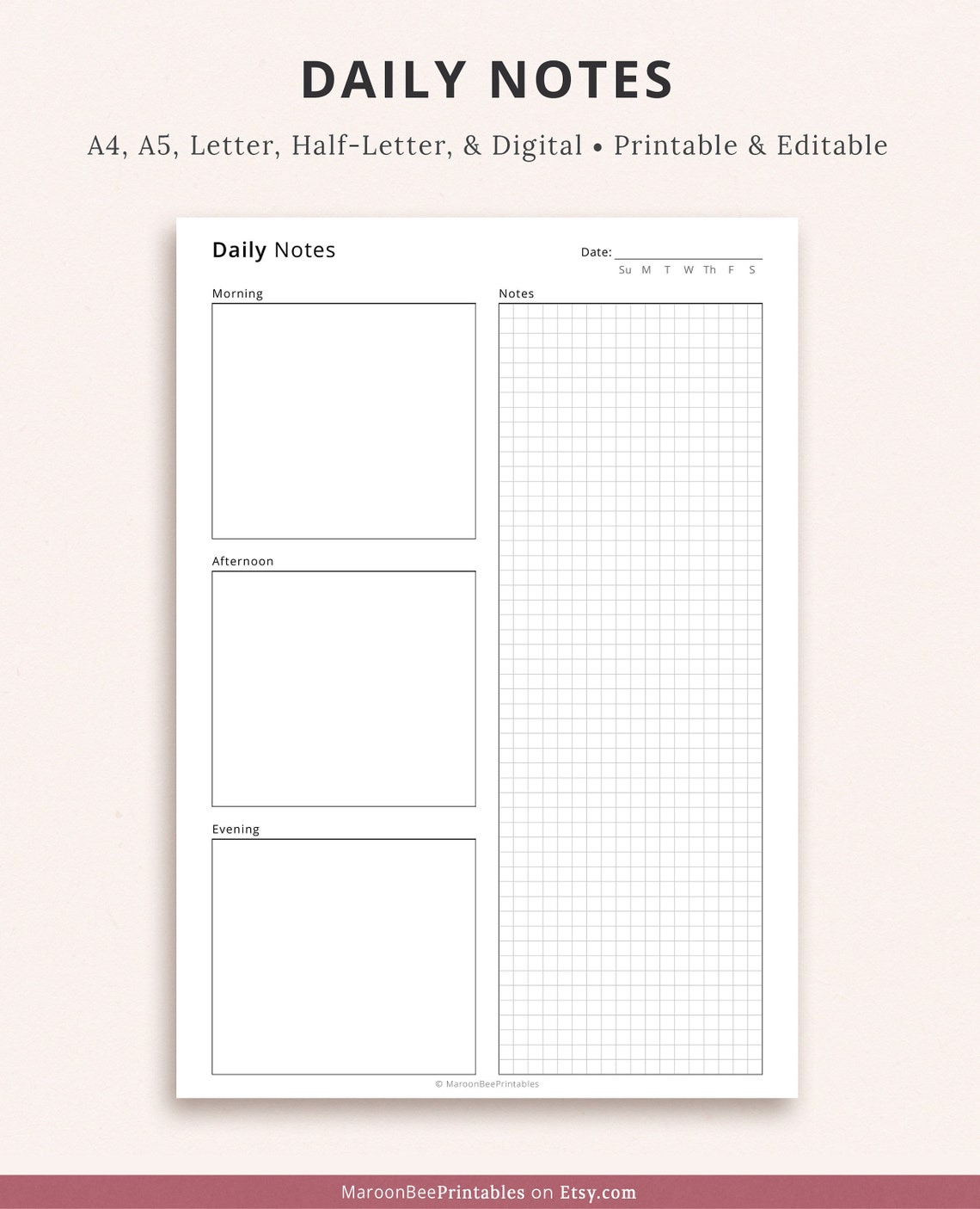 EDITABLE Daily Notes Printable Daily Planner Undated | Etsy