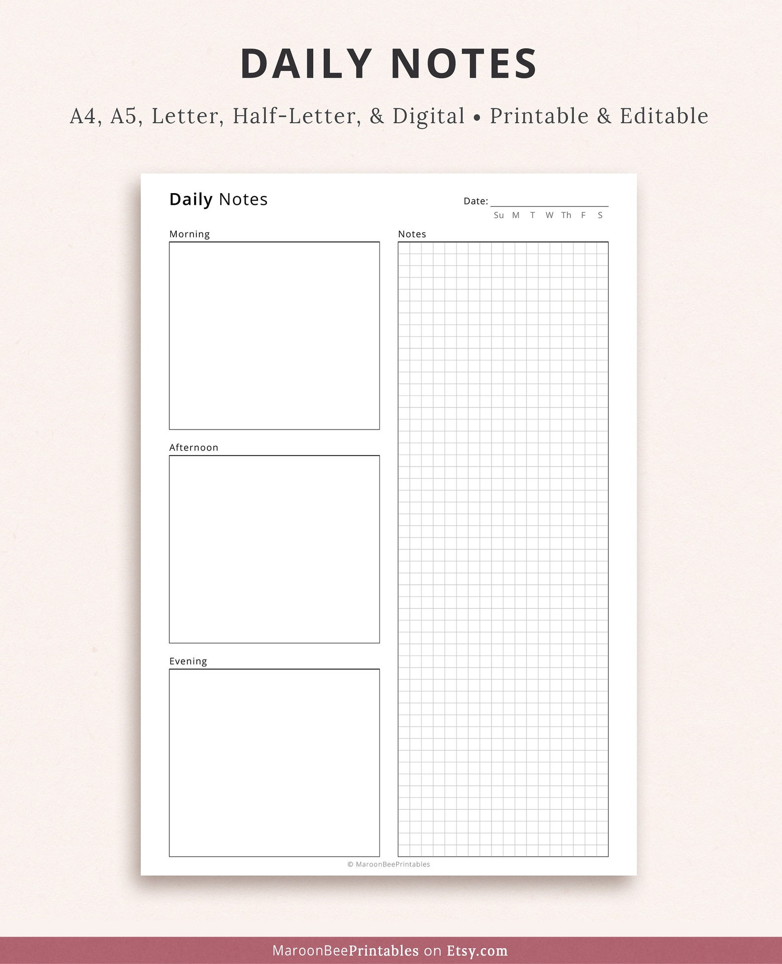EDITABLE Daily Notes Printable Daily Planner Undated | Etsy