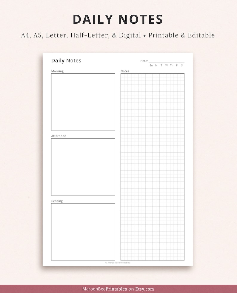 EDITABLE Daily Notes Printable Daily Planner Undated | Etsy