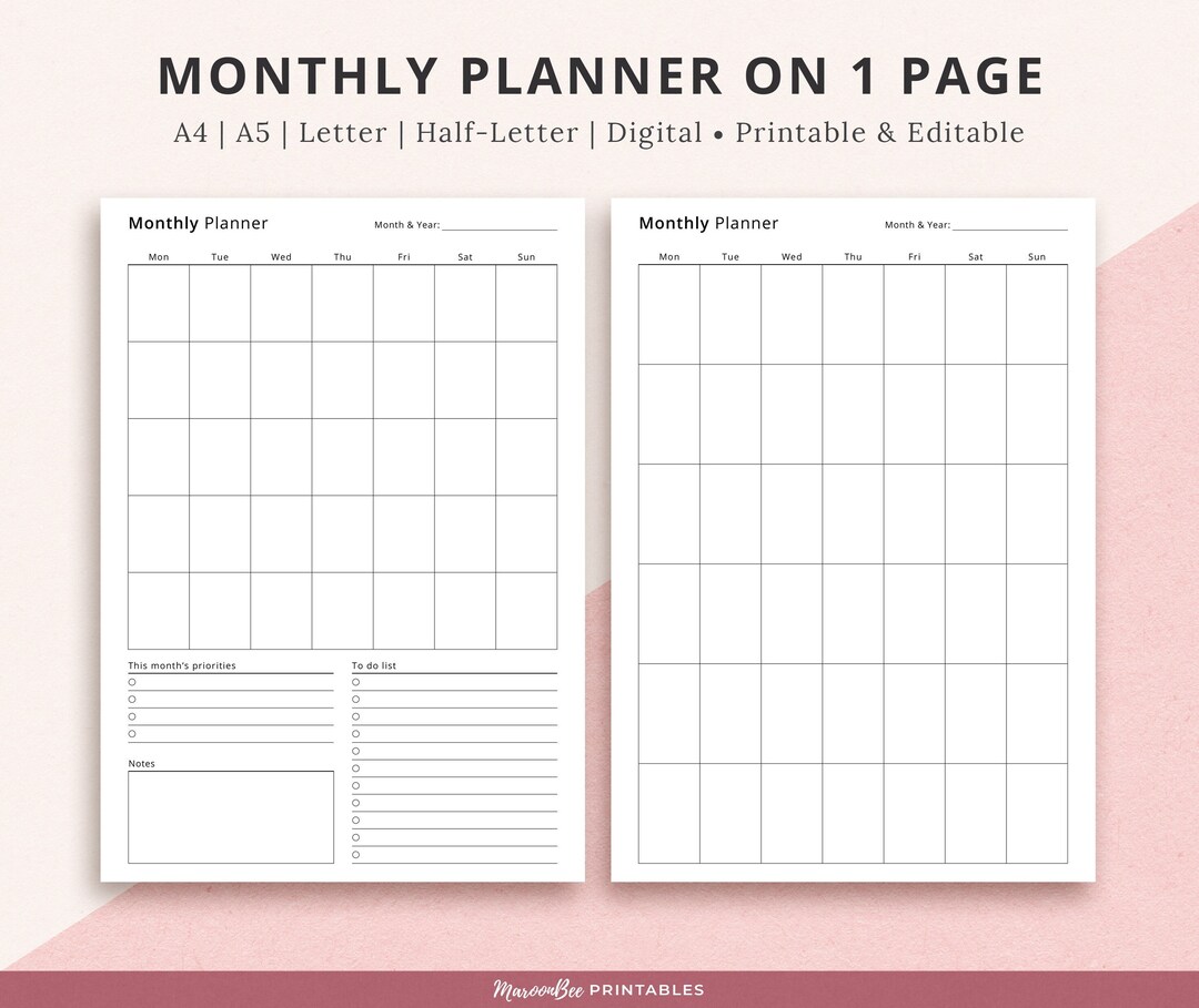 Editable Monthly Planner, Mo1p, Undated Monthly Calendar, Fillable ...
