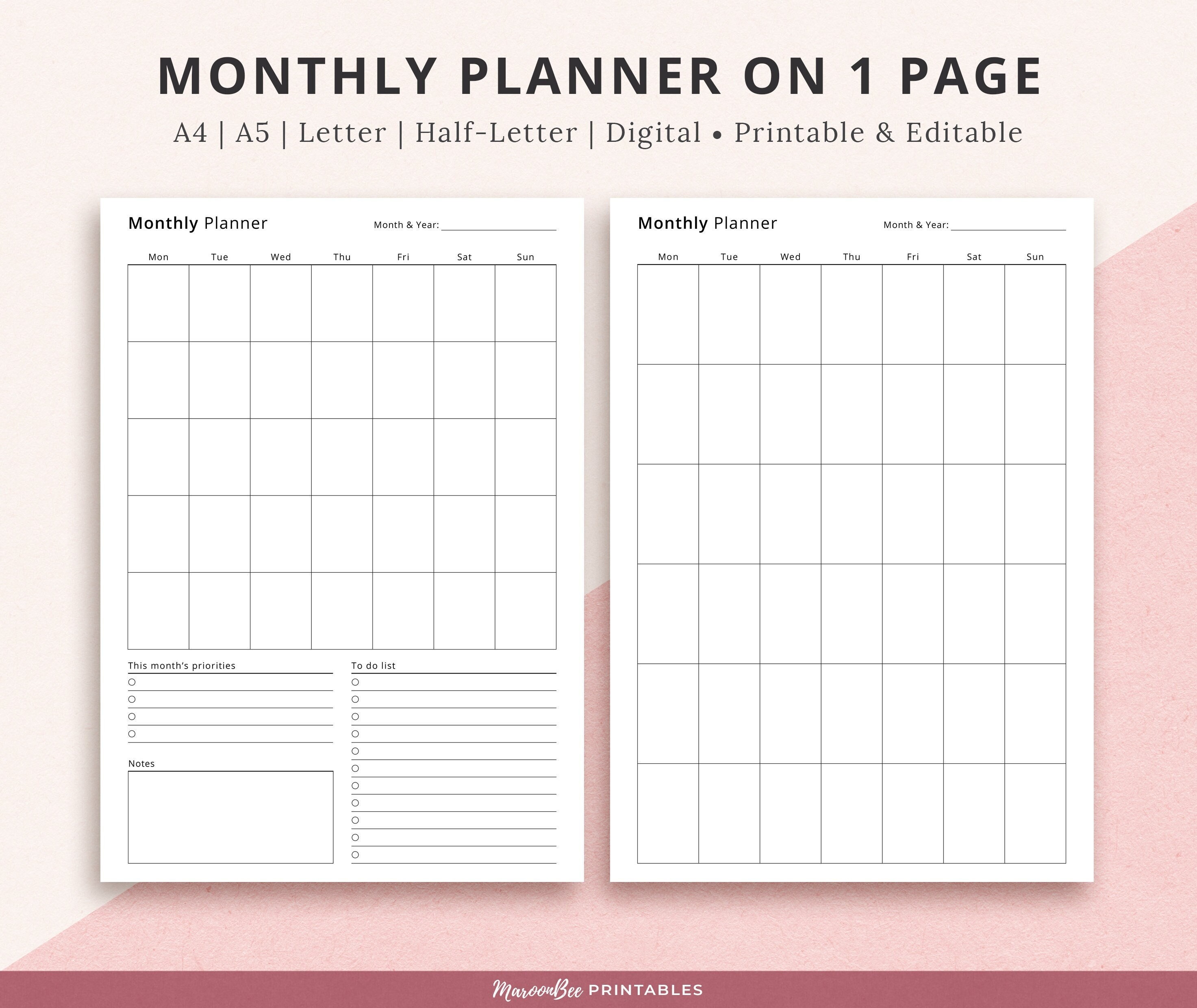 Editable Monthly Planner, Mo1p, Undated Monthly Calendar, Fillable ...