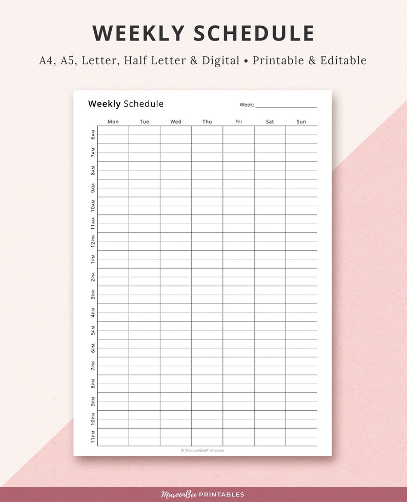 Editable Weekly Schedule Printable Planner, Hourly Schedule, Half-hour ...