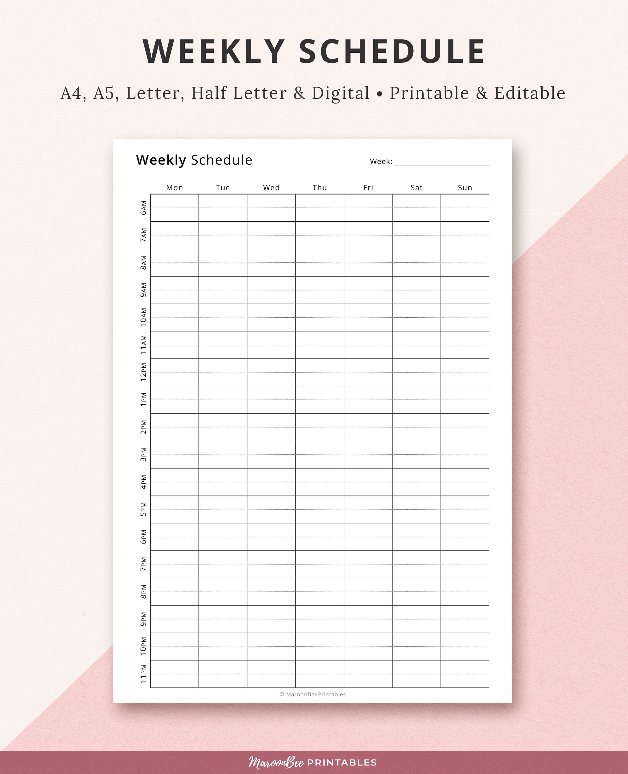 Editable Weekly Schedule Printable Planner, Hourly Schedule, Half-hour ...