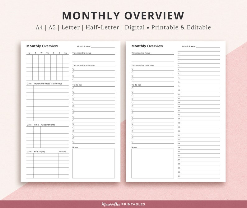 Editable Monthly Overview Printable Template Month at a - Etsy