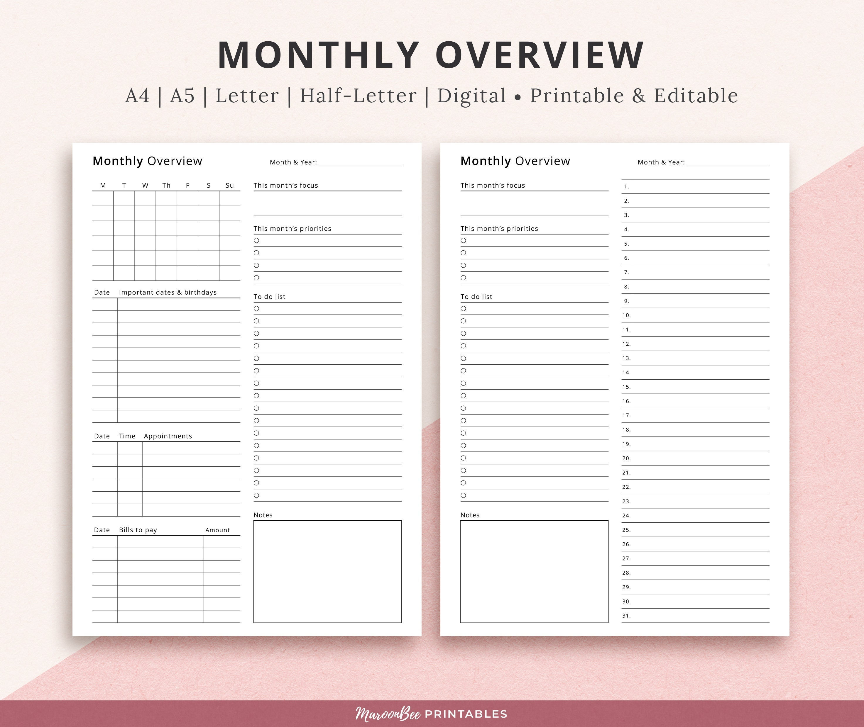 Editable Monthly Overview Printable Template Month at a - Etsy UK