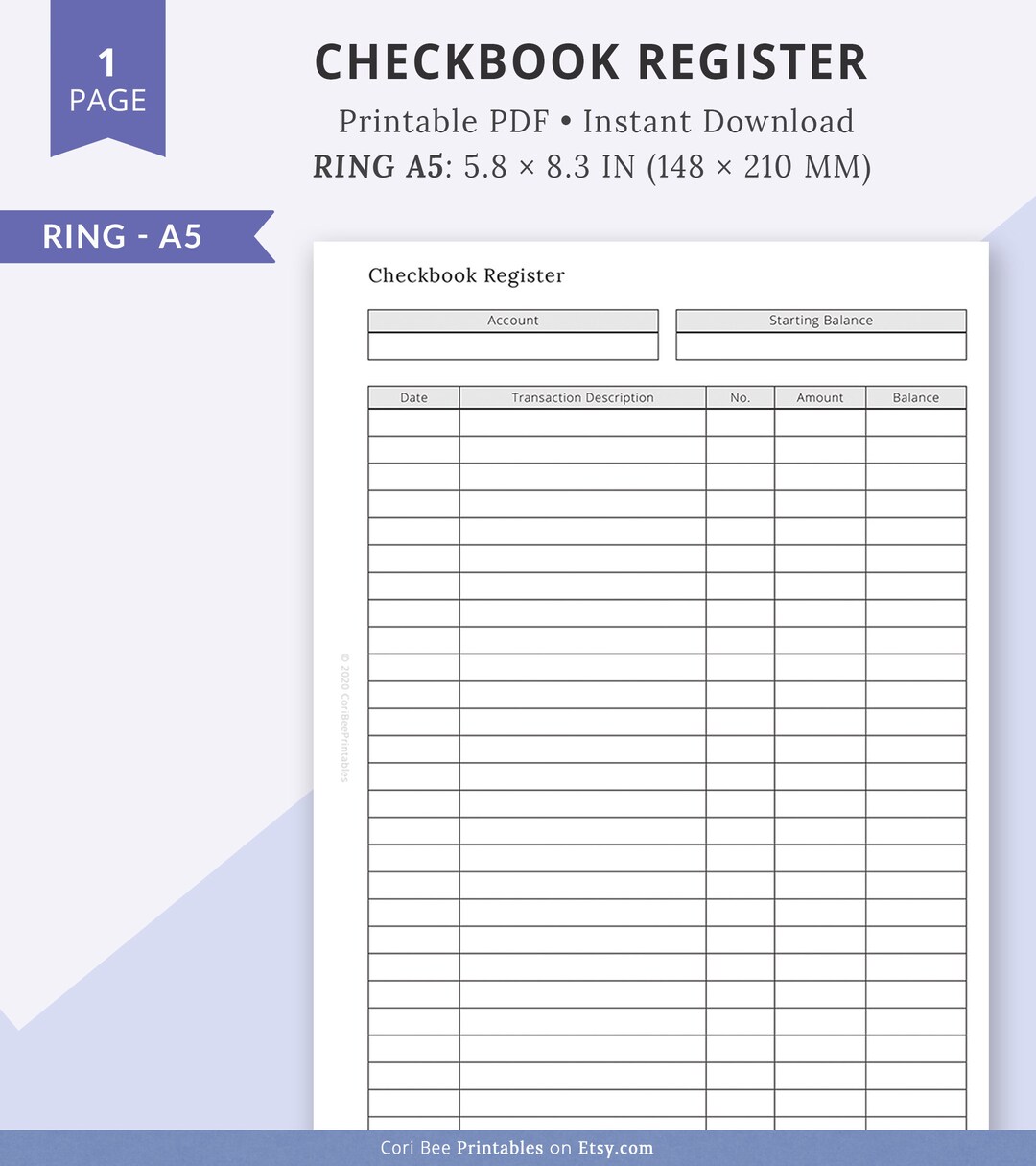 Ring A5 Checkbook Register, Checkbook Tracker, Check Register, Check ...
