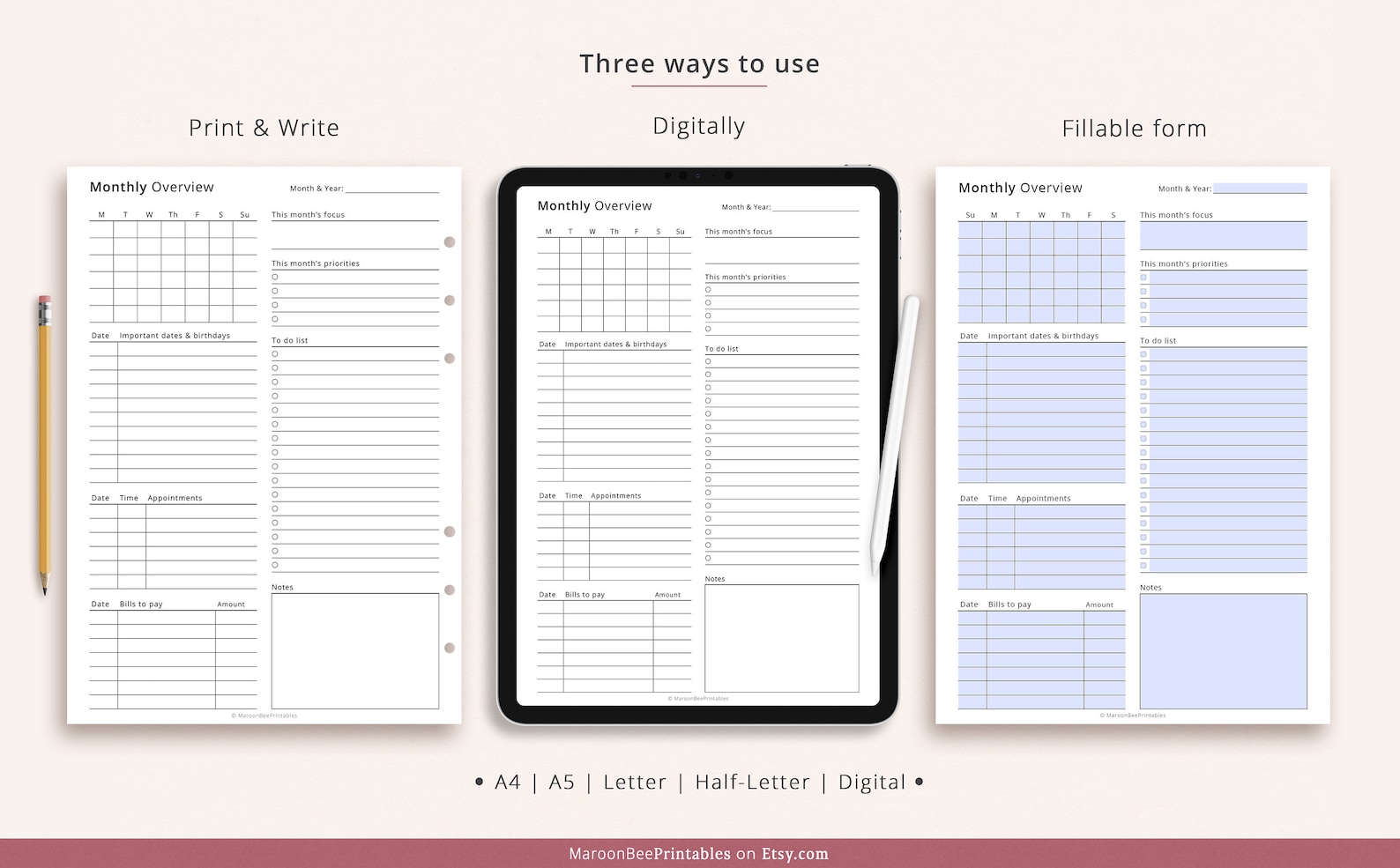 Editable Monthly Overview Printable Template Month at a - Etsy