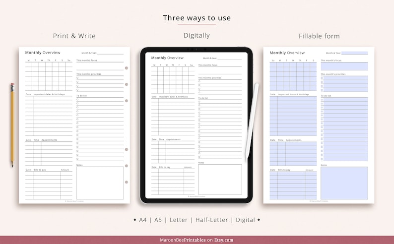 Editable Monthly Overview Printable Template Month at a - Etsy