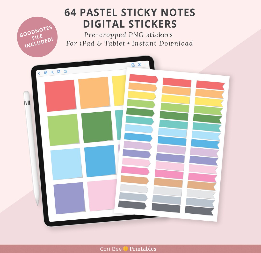 Digital Pastel Sticky Notes Stickers, 64 Planner Stickers Pack ...