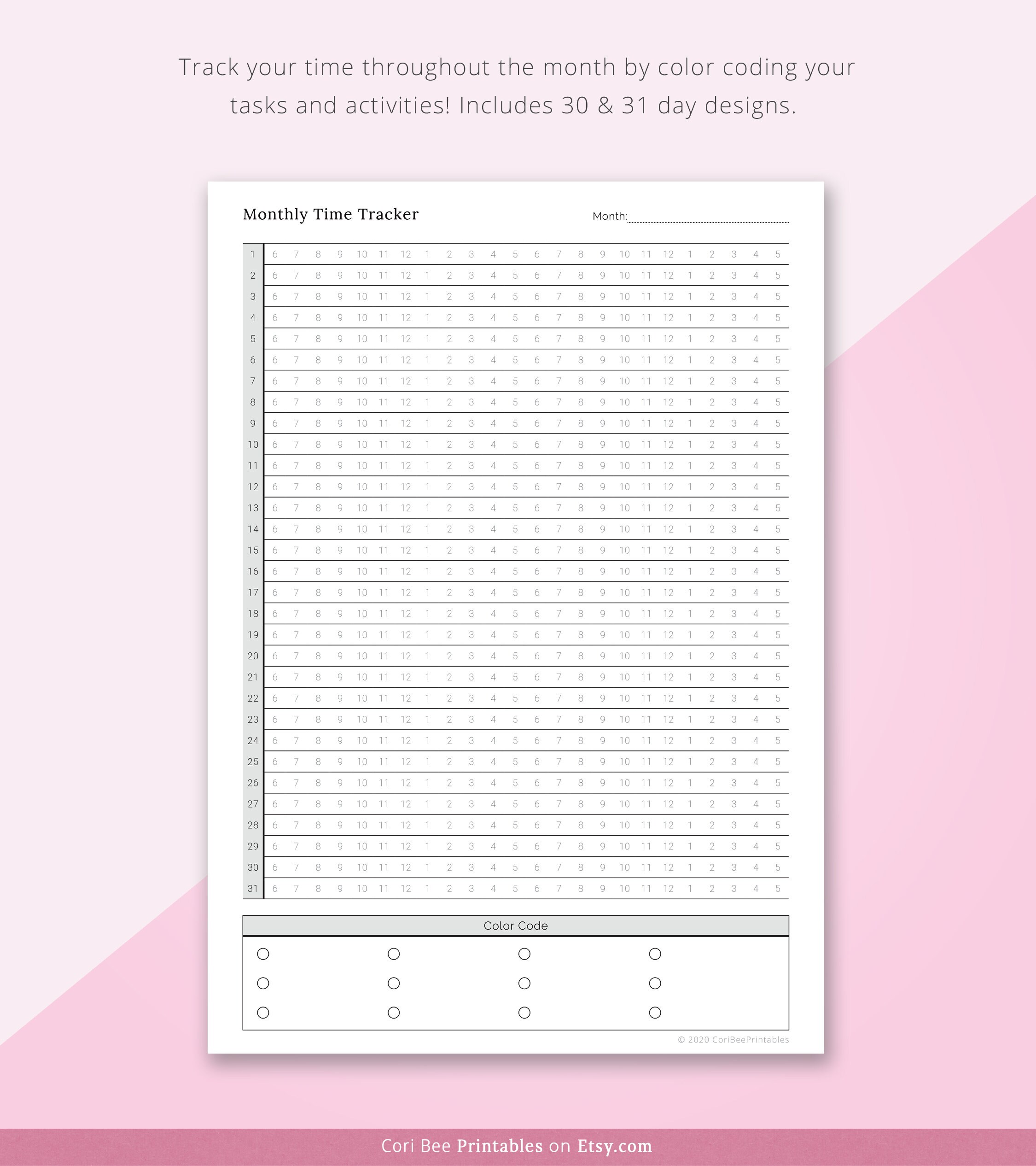 Monthly Time Tracker Printable, Monthly 24 Hour Tracker, Daily Tracker ...