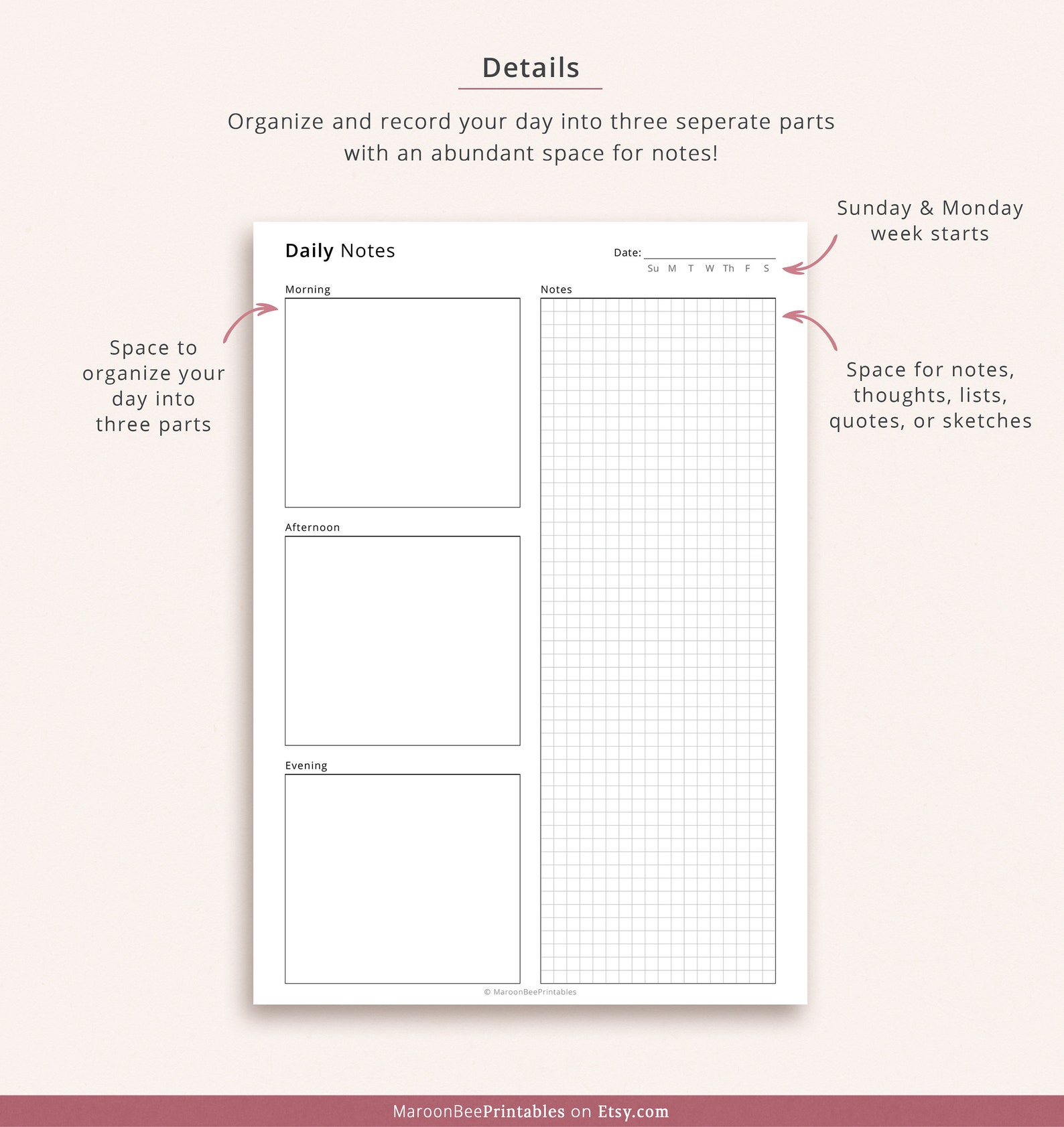 Editable Daily Notes Printable, Daily Planner, Undated Printable ...