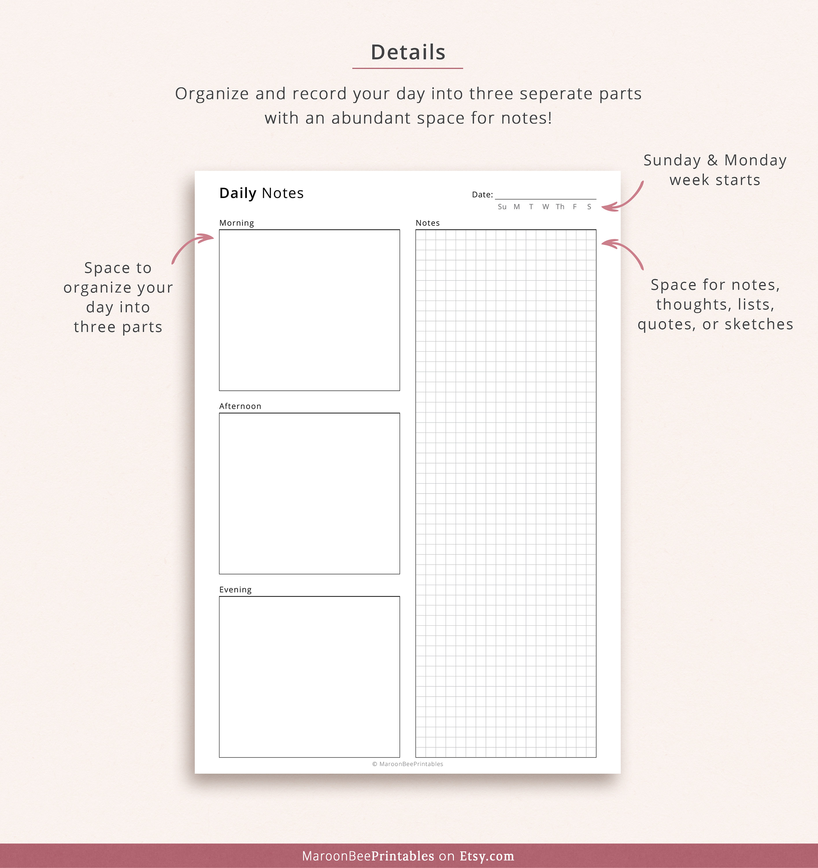 Editable Daily Notes Printable, Daily Planner, Undated Printable ...