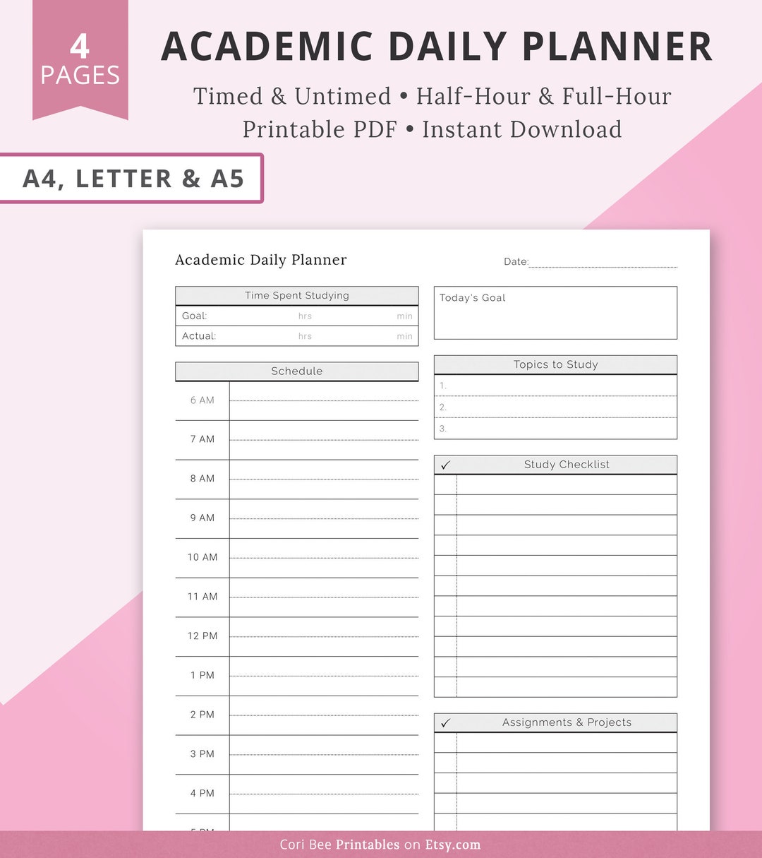 Academic Daily Planner, Study Planner, Daily Planner Template, Undated ...