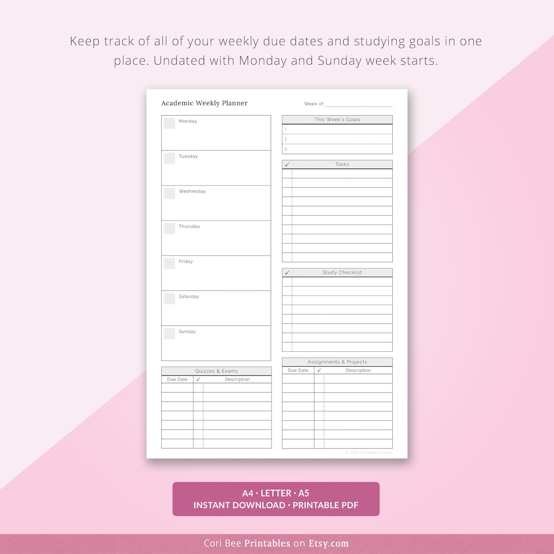 Academic Weekly Planner, Student Planner, Weekly Printable Insert ...