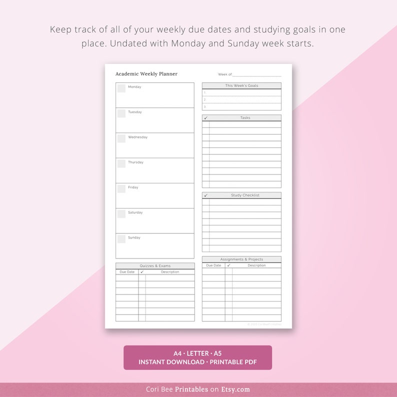 Academic Weekly Planner Student Planner Weekly Printable - Etsy