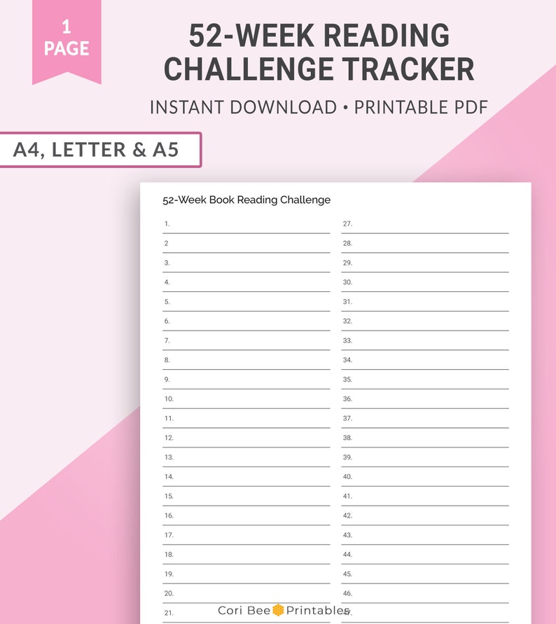Reading Challenge Tracker 52 Week Reading Tracker Reading - Etsy