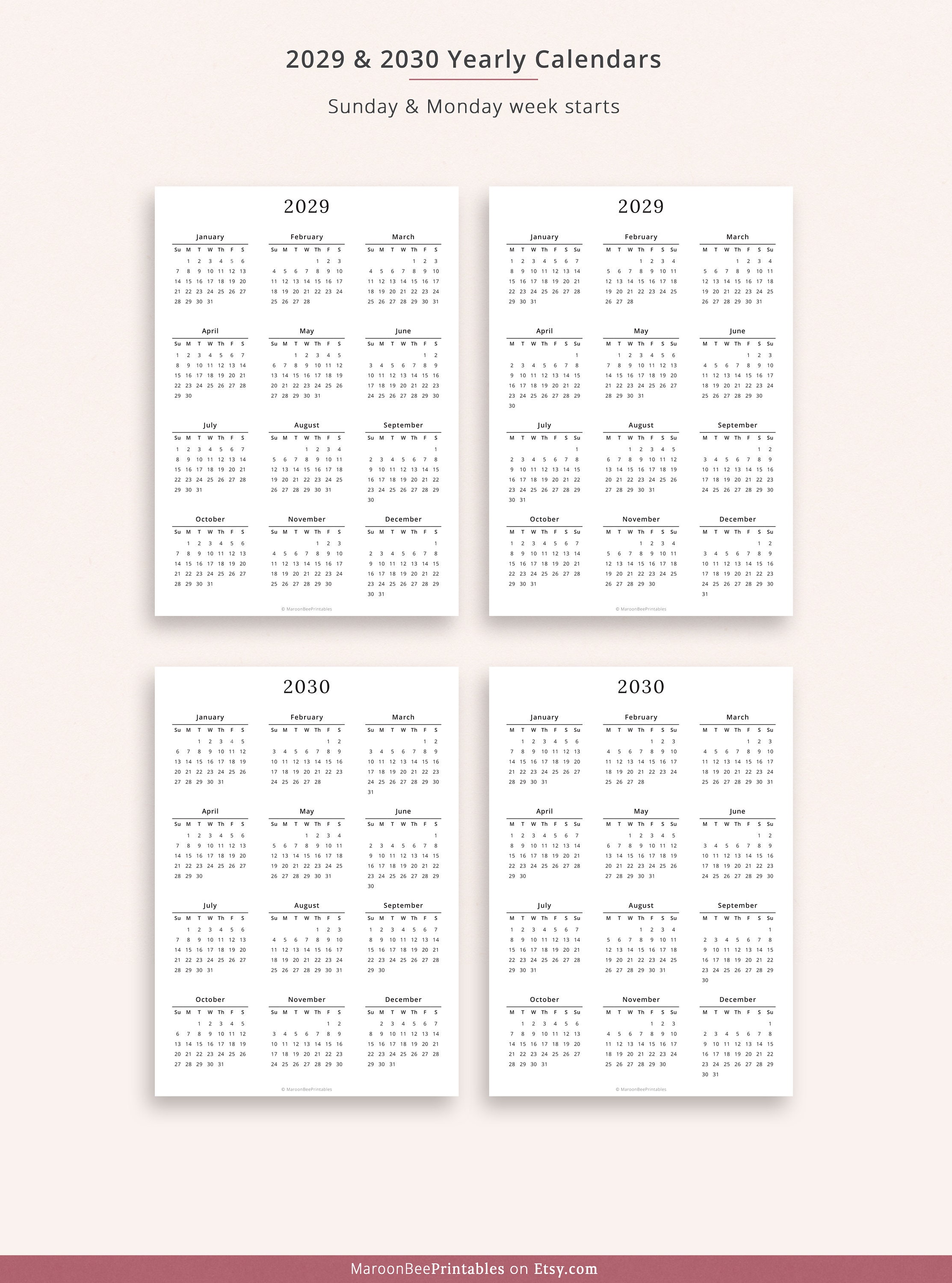 2022-2030 Yearly Calendars Printable Bundle 2022 Yearly | Etsy