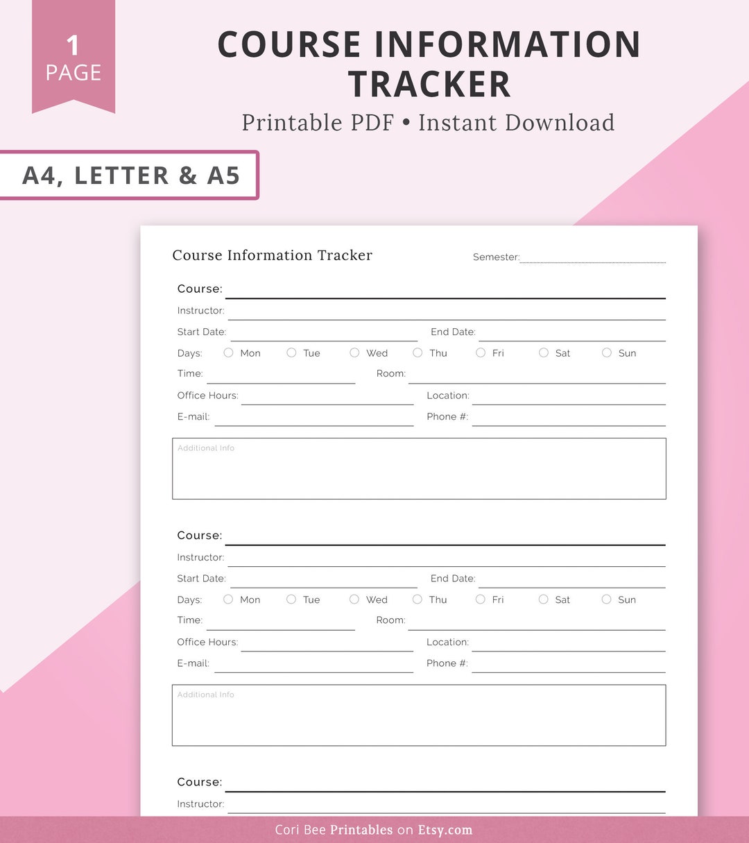 Course Information Tracker, Course Printable, Student Printable ...