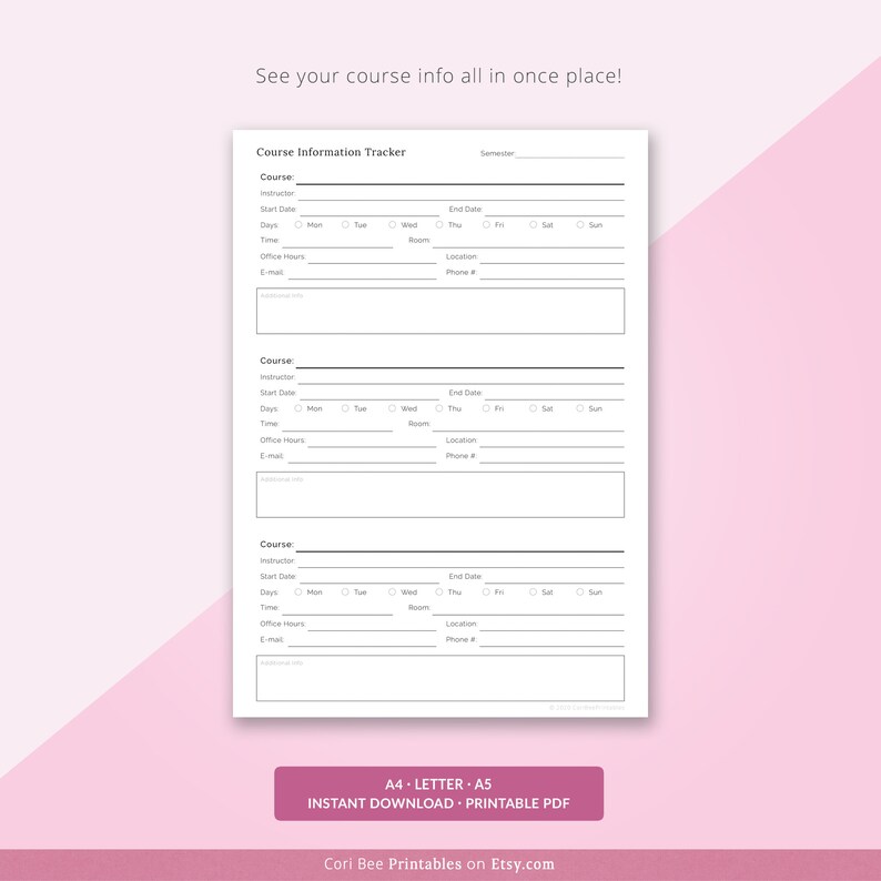 Course Information Tracker Course Printable Student - Etsy