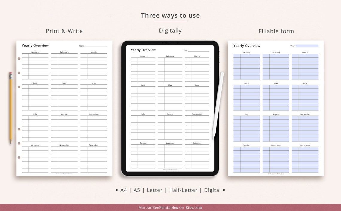 Editable Yearly Overview Yearly Goals Checklist Planner | Etsy