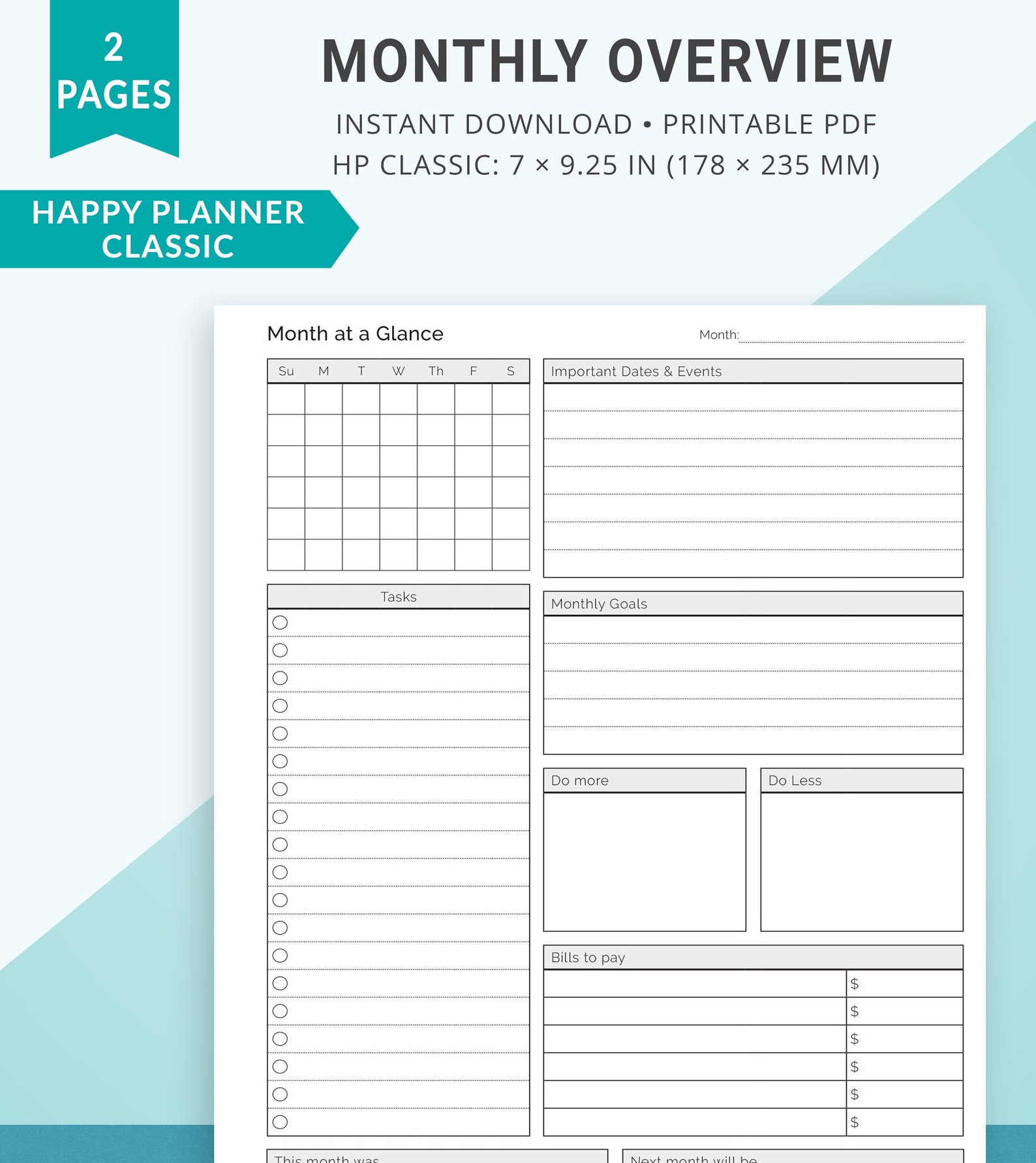 Happy Planner Printable Inserts, Classic Happy Planner Insert, Month at ...