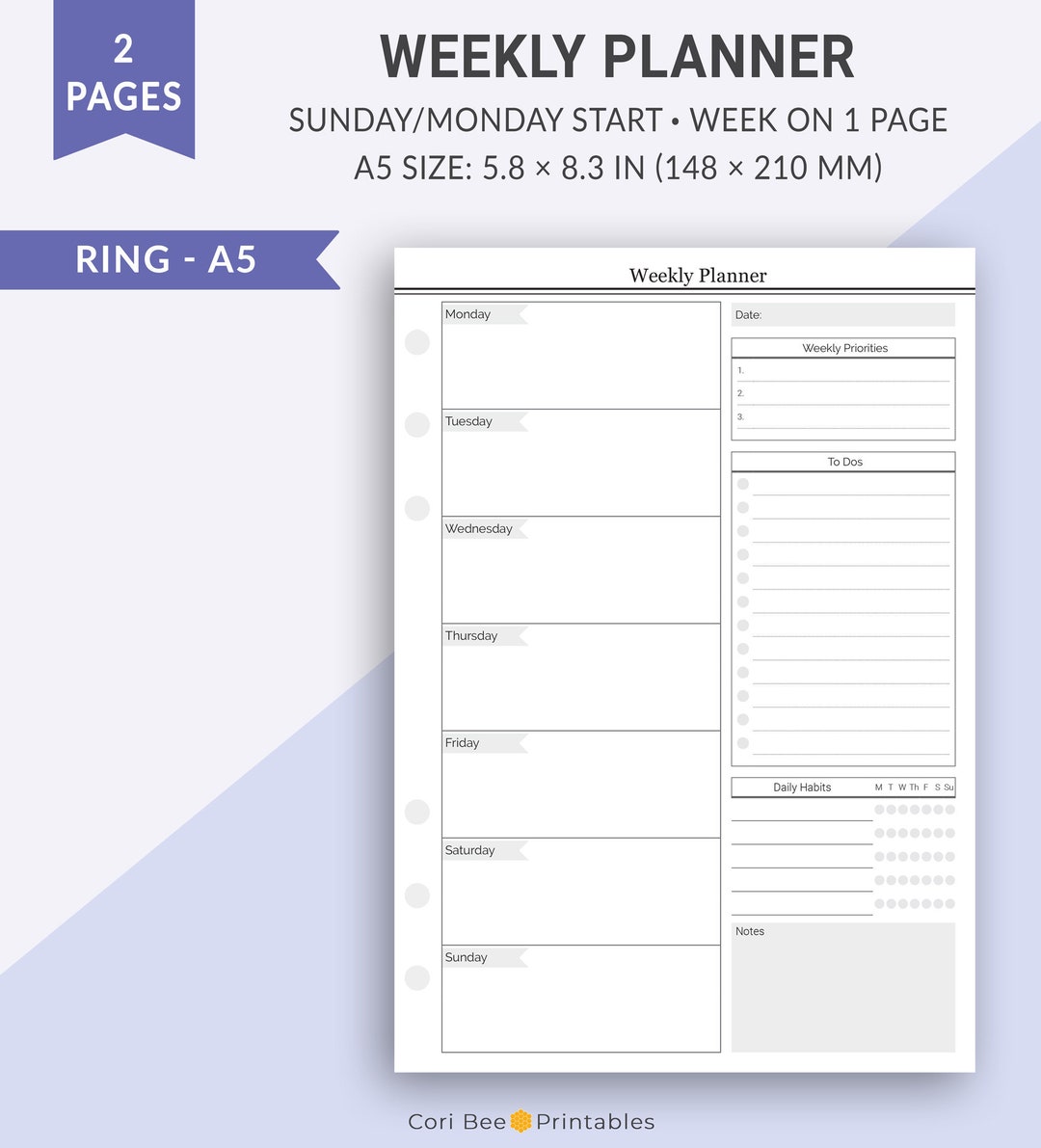 A5 Weekly Planner Printable, Undated Weekly Inserts, Weekly Schedule ...