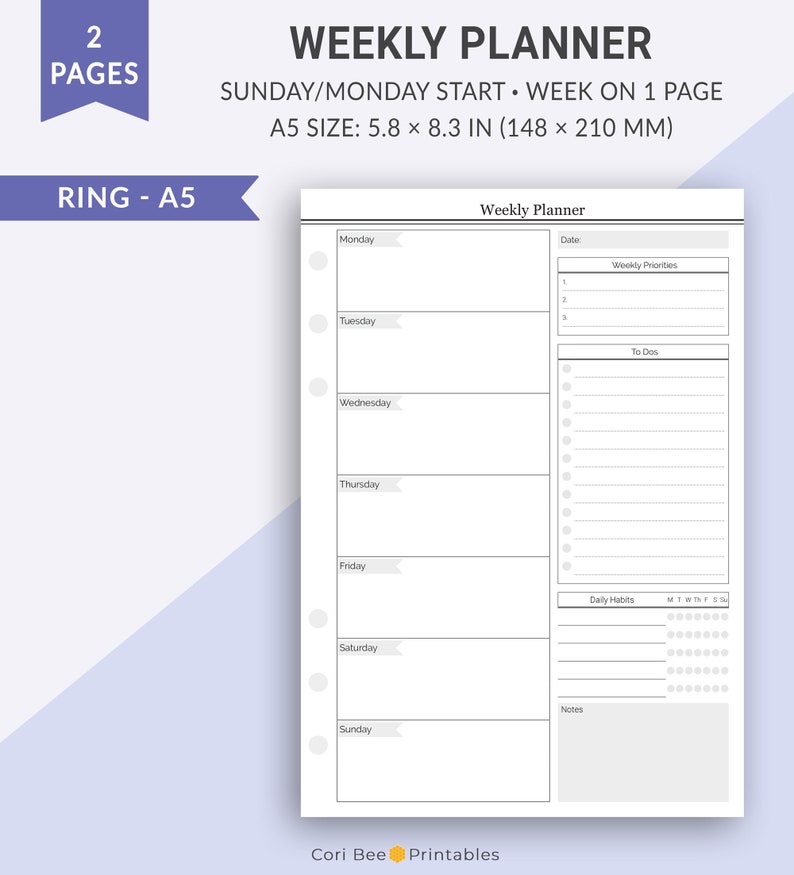 A5 Weekly Planner Printable, Undated Weekly Inserts, Weekly Schedule ...