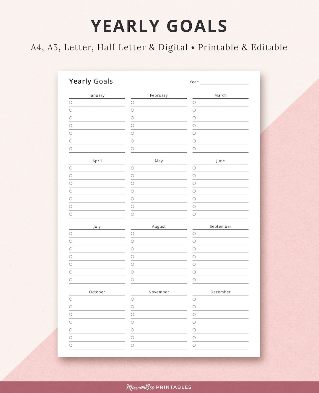 Editable Yearly Goals Checklist Planner, Yearly Planner, Yearly ...