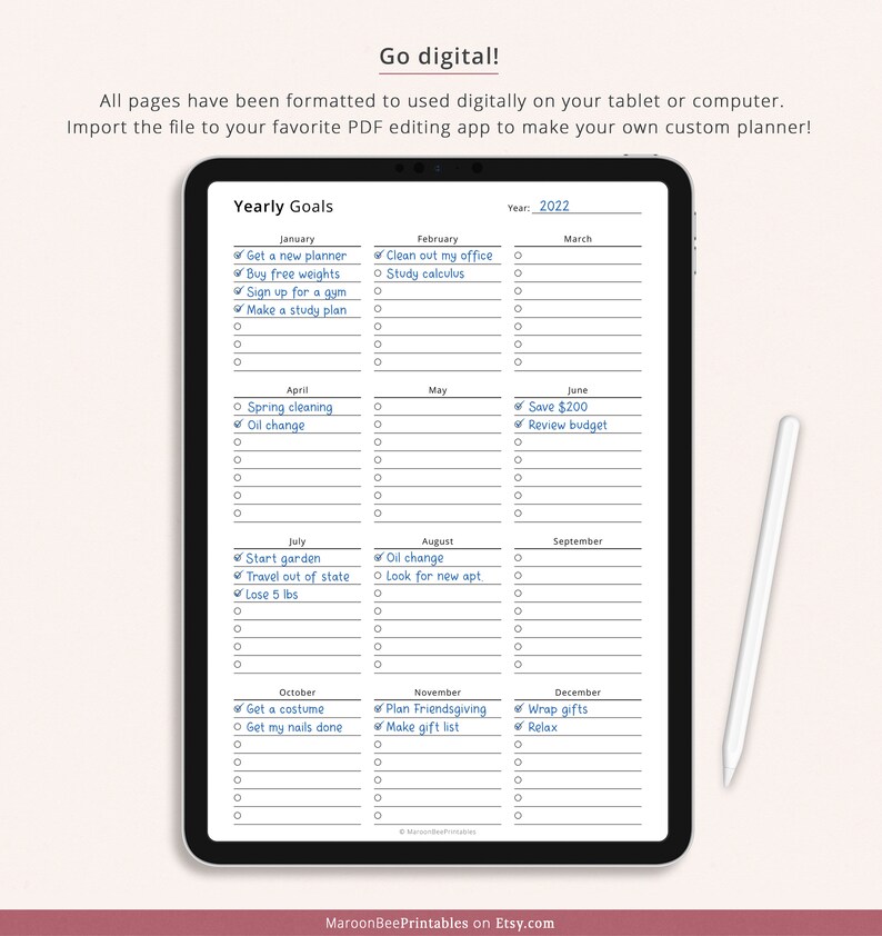 Editable Yearly Goals Checklist Planner, Yearly Planner, Yearly ...