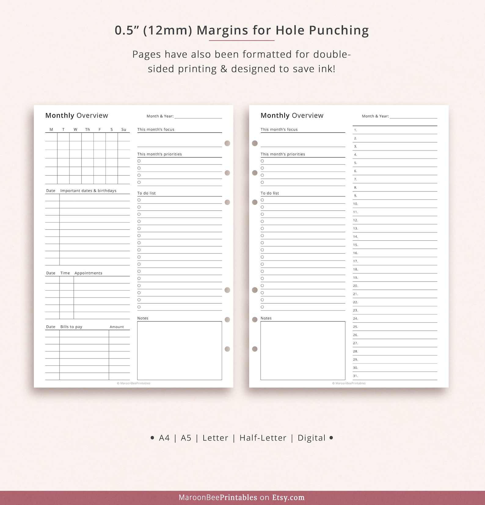 Editable Monthly Overview Printable Template Month at a - Etsy
