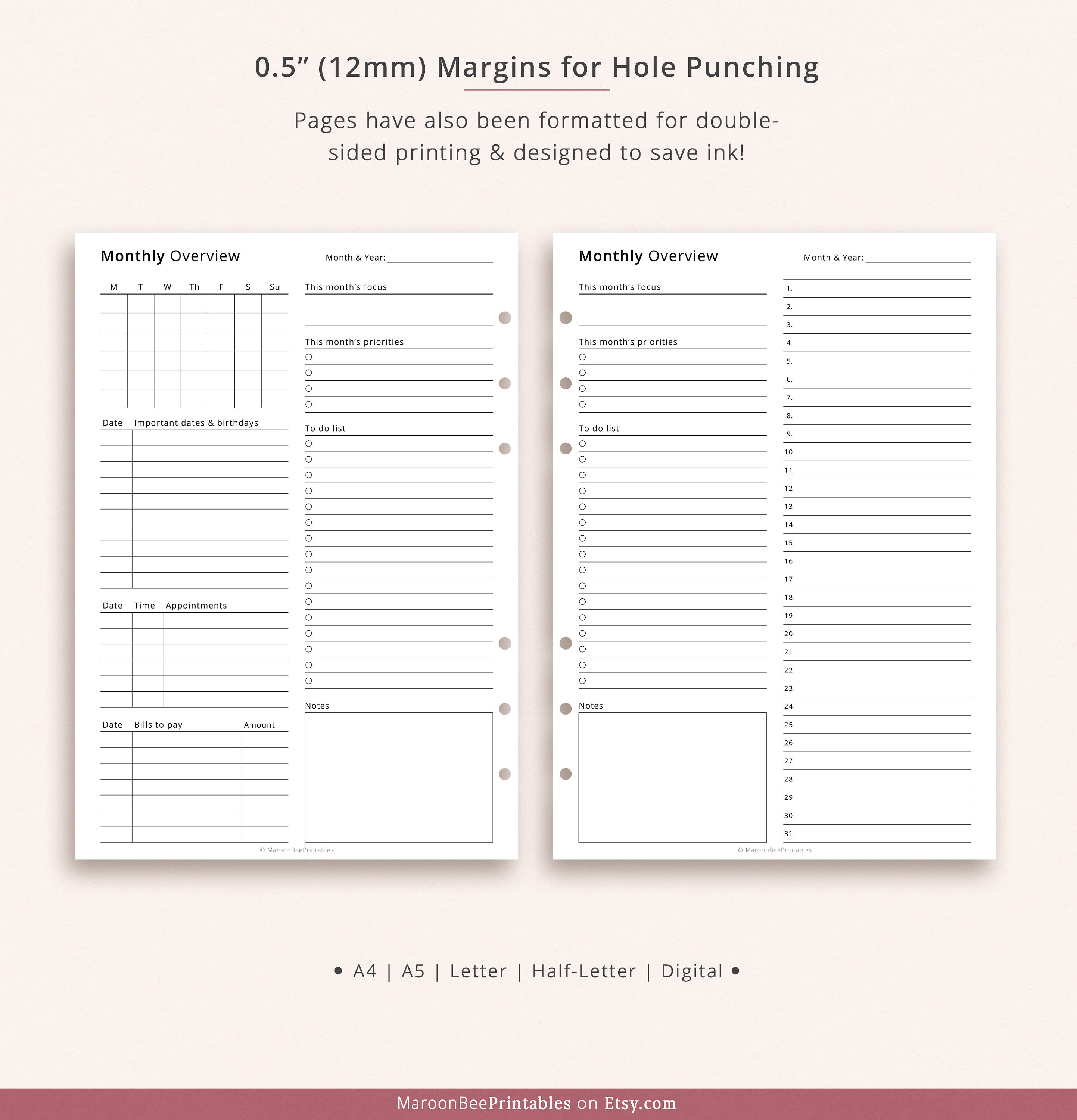 Editable Monthly Overview Printable Template Month at a - Etsy