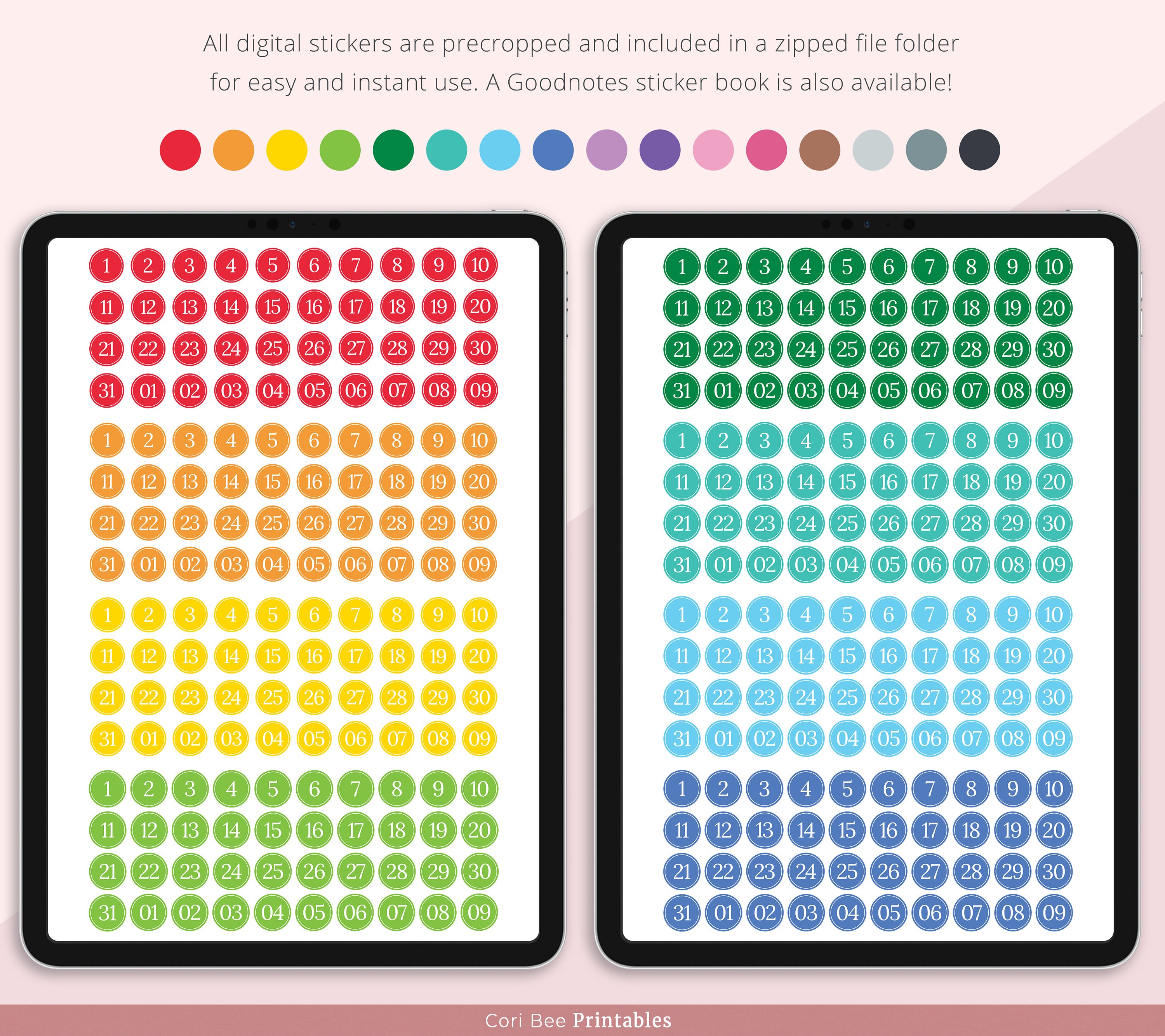 Colorful 1-31 Circle Number Digital Stickers 1-31 Date - Etsy