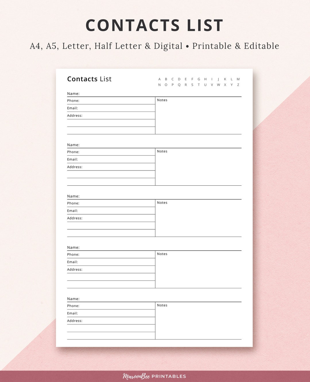 Editable Contacts List, Fillable Address Book, Contacts Organizer ...