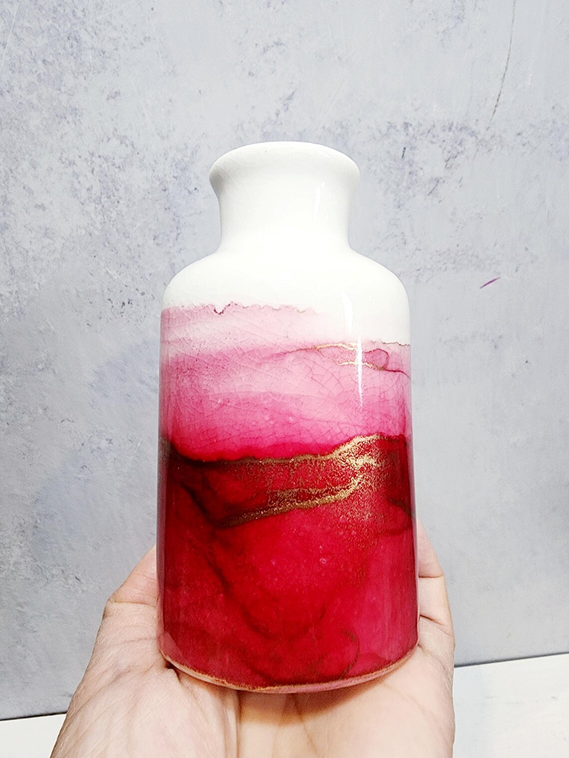 Red Bud Vase, Red Farmhouse Ceramic Vase, Alcohol Ink Handpainted Vase ...