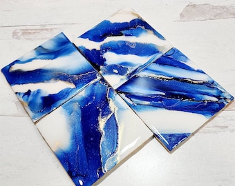 Blue Ceramic Coasters, Alcohol Ink Coasters, Abstract Ceramic Coasters ...