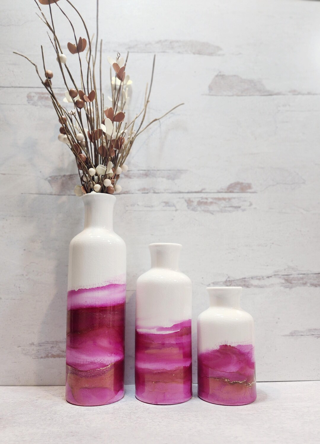Magenta Pink Farmhouse Vase Set of 3, Farmhouse Ceramic Vase Set ...