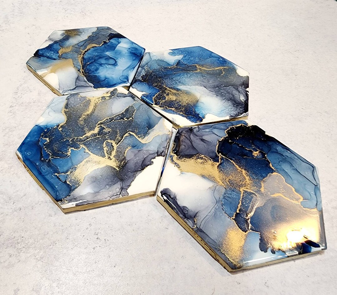 Blue Ceramic Coasters, Alcohol Ink Coasters, Abstract Ceramic Coasters ...