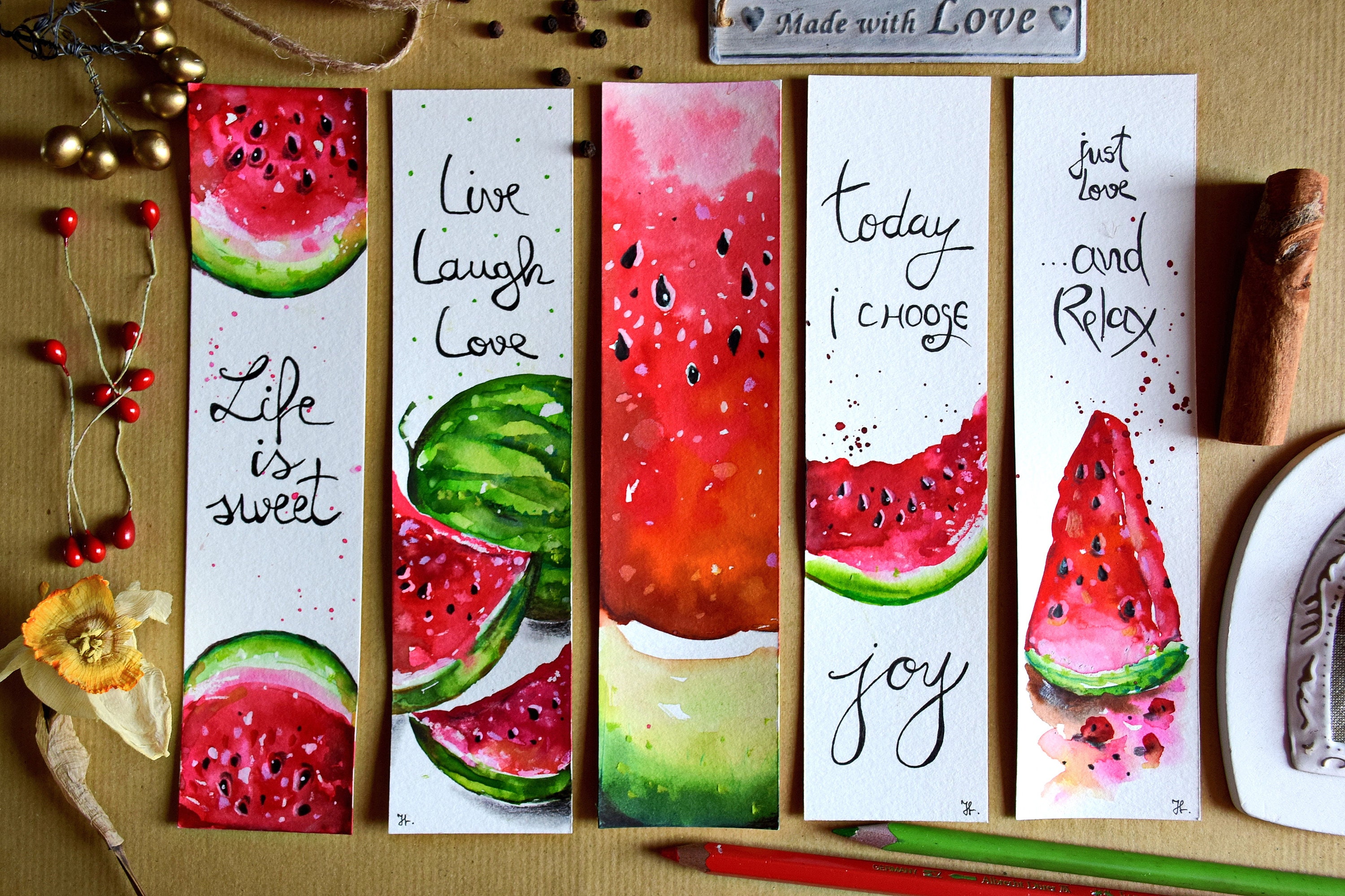 Bookmarks Set Of 5 Watercolor Watermelon Watermelon Fruits | Etsy