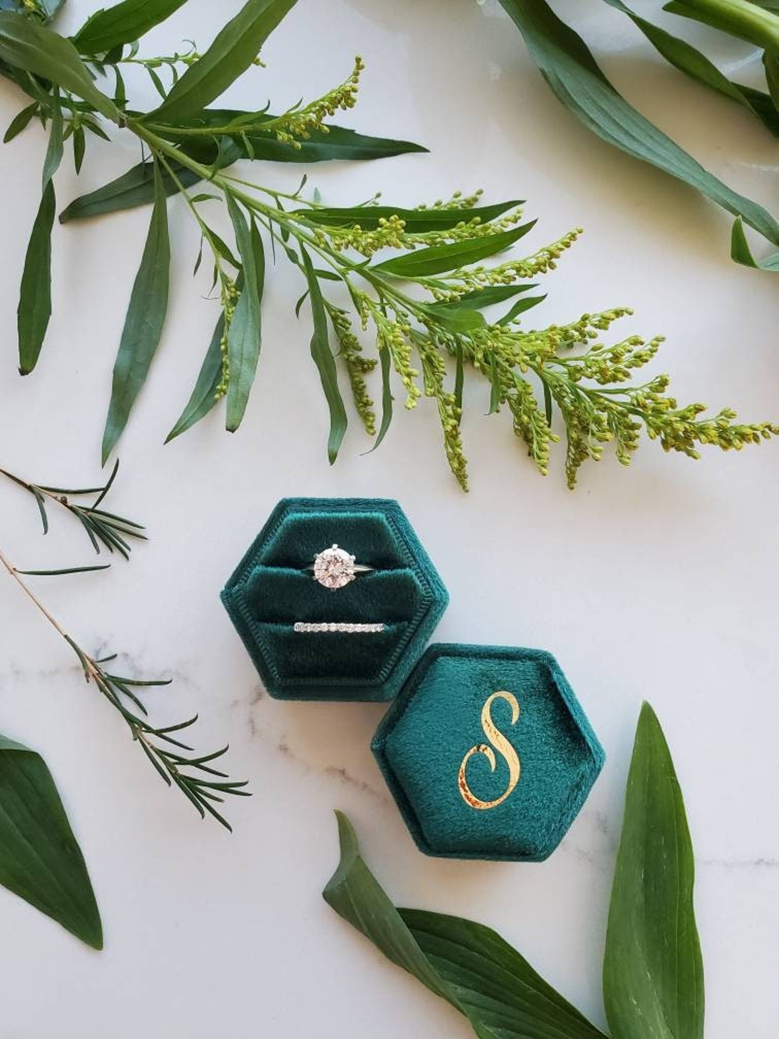 Velvet Ring Box Rich Green Hexagon Double Ring Box - Etsy