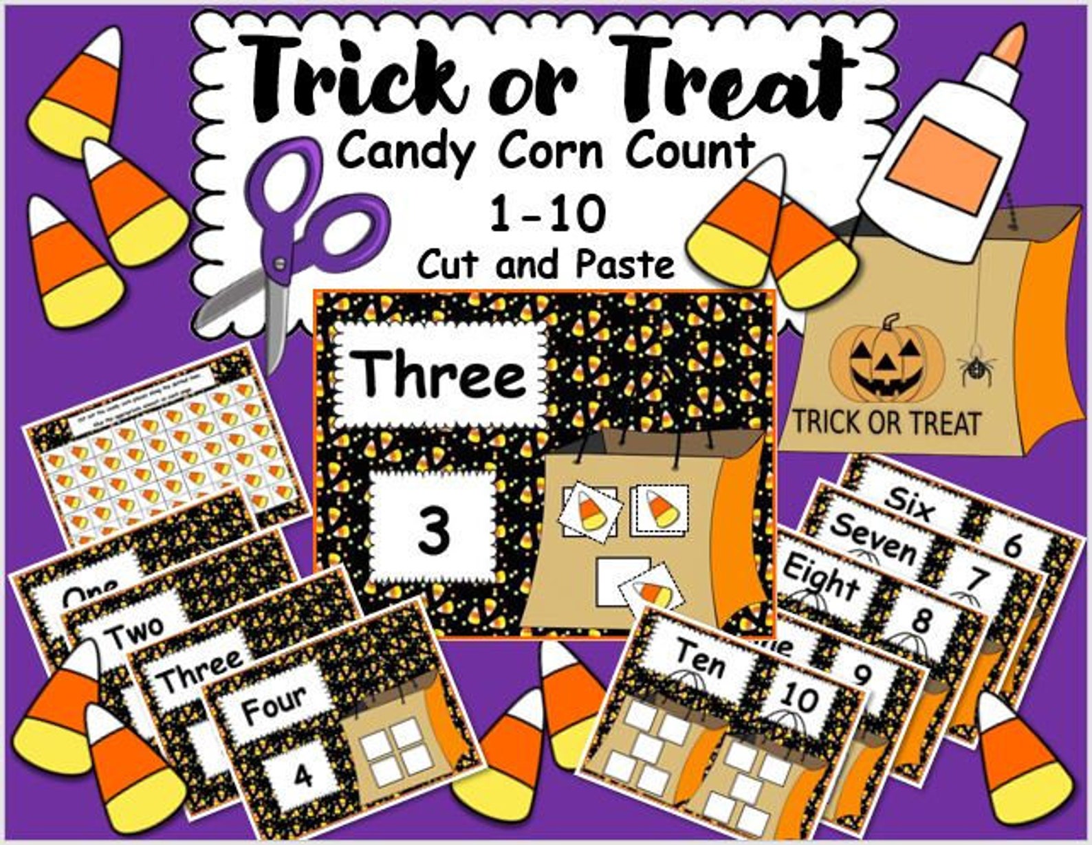 Trick or Treat Candy Corn Count 1-10 Cut and Paste - Etsy
